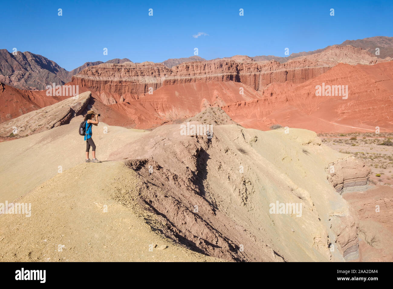 Female tourist photographing a panoramic view of the colorful ...