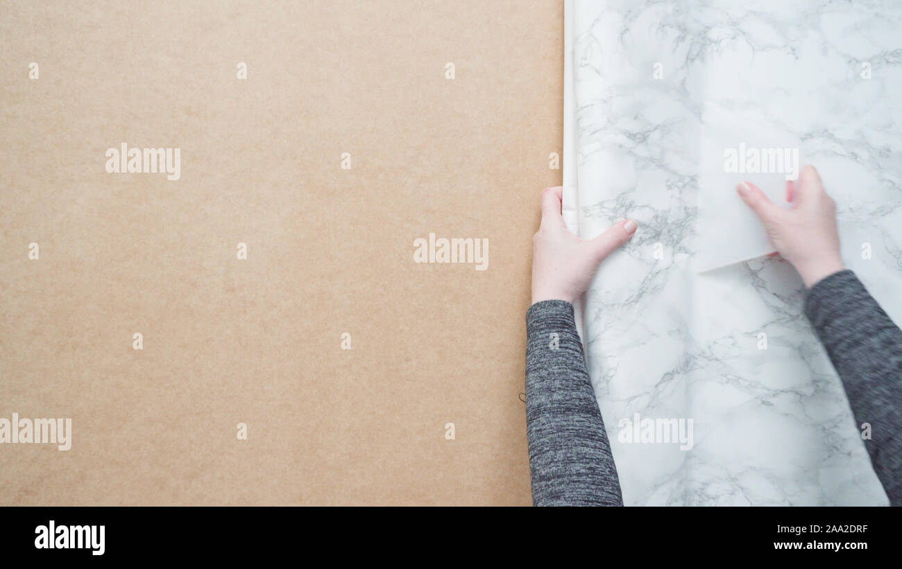 Flat lay. Making marble board with adhesive paper for food photography ...