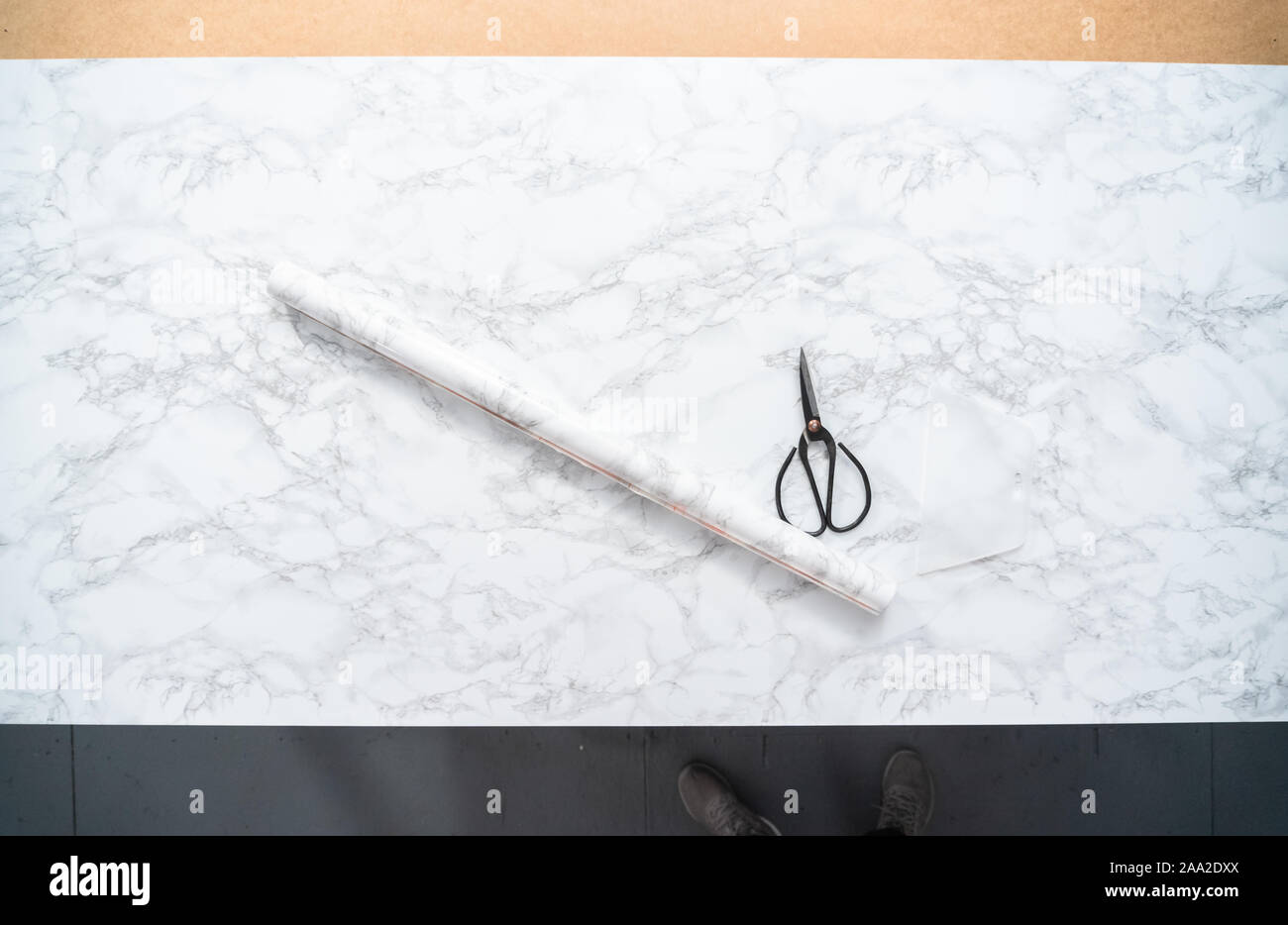 Flat lay. Making marble board with adhesive paper for food photography ...