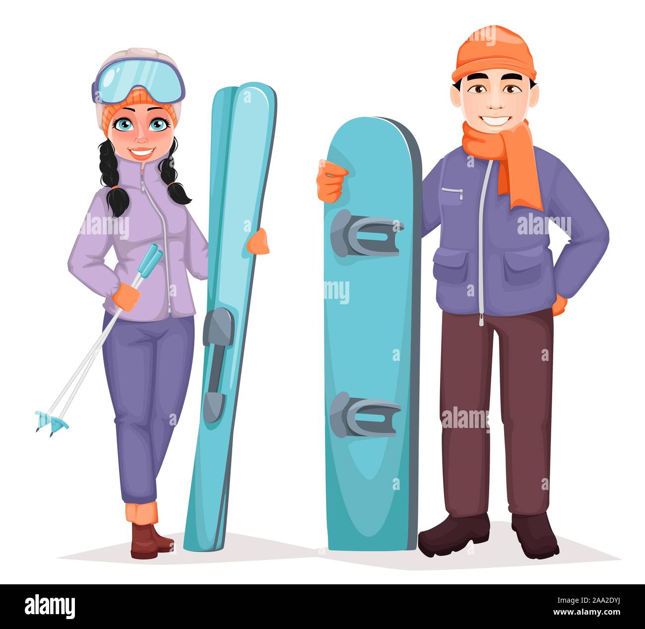 Male snowboarder and female skier. Handsome man with snowboard and ...