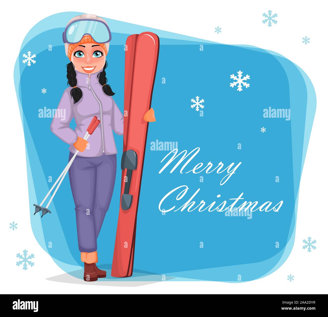 Christmas greeting card with lady skier. Beautiful woman with skis ...