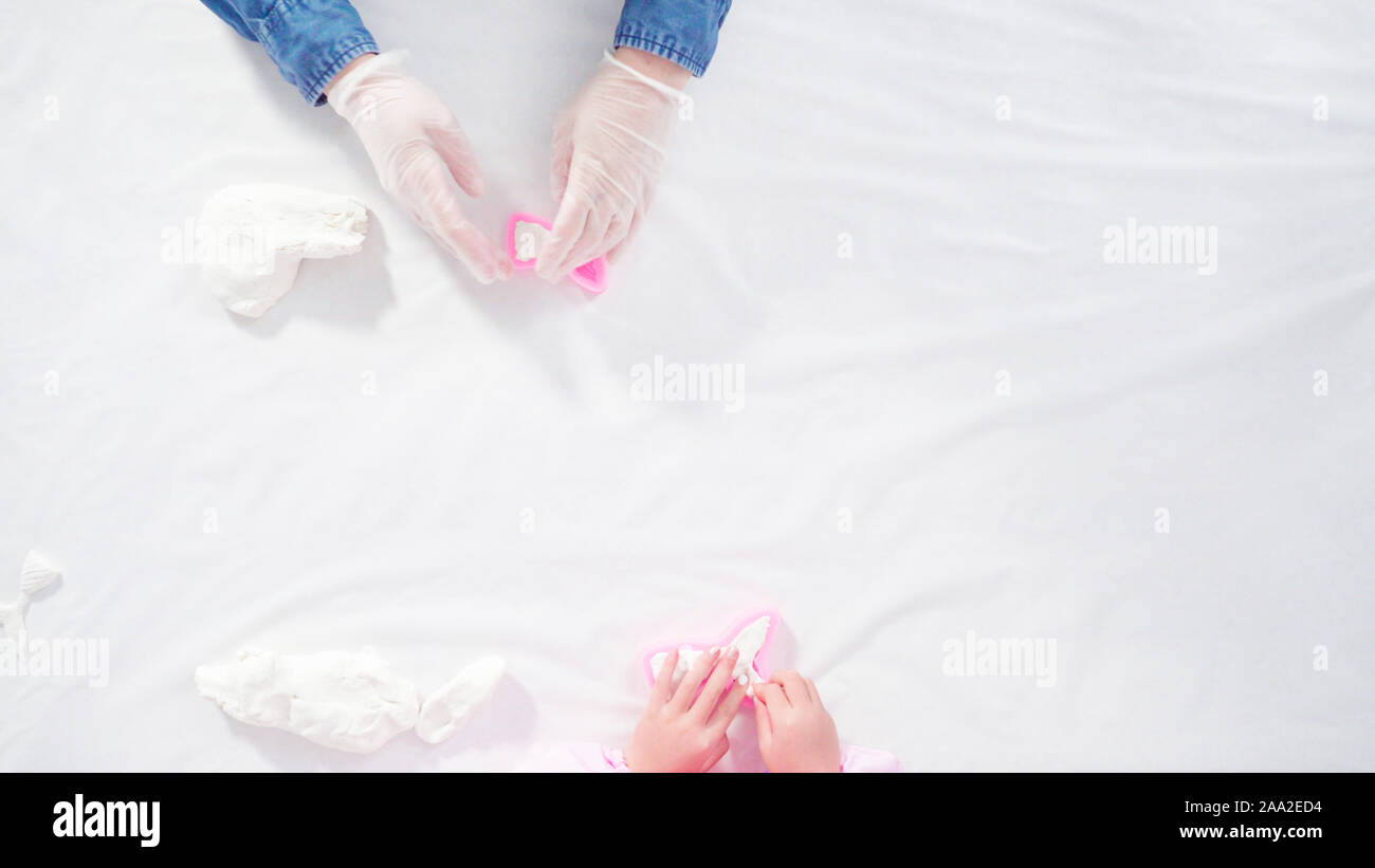 Flat lay. Step by step. Making mermaid tail from modeling clay in ...