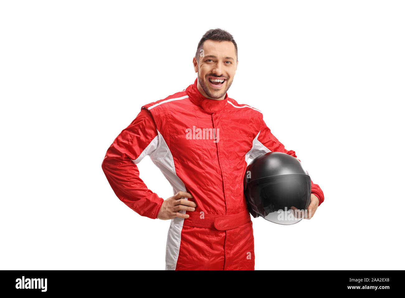 Smiling male car racer with a helmet isolated on white background Stock ...