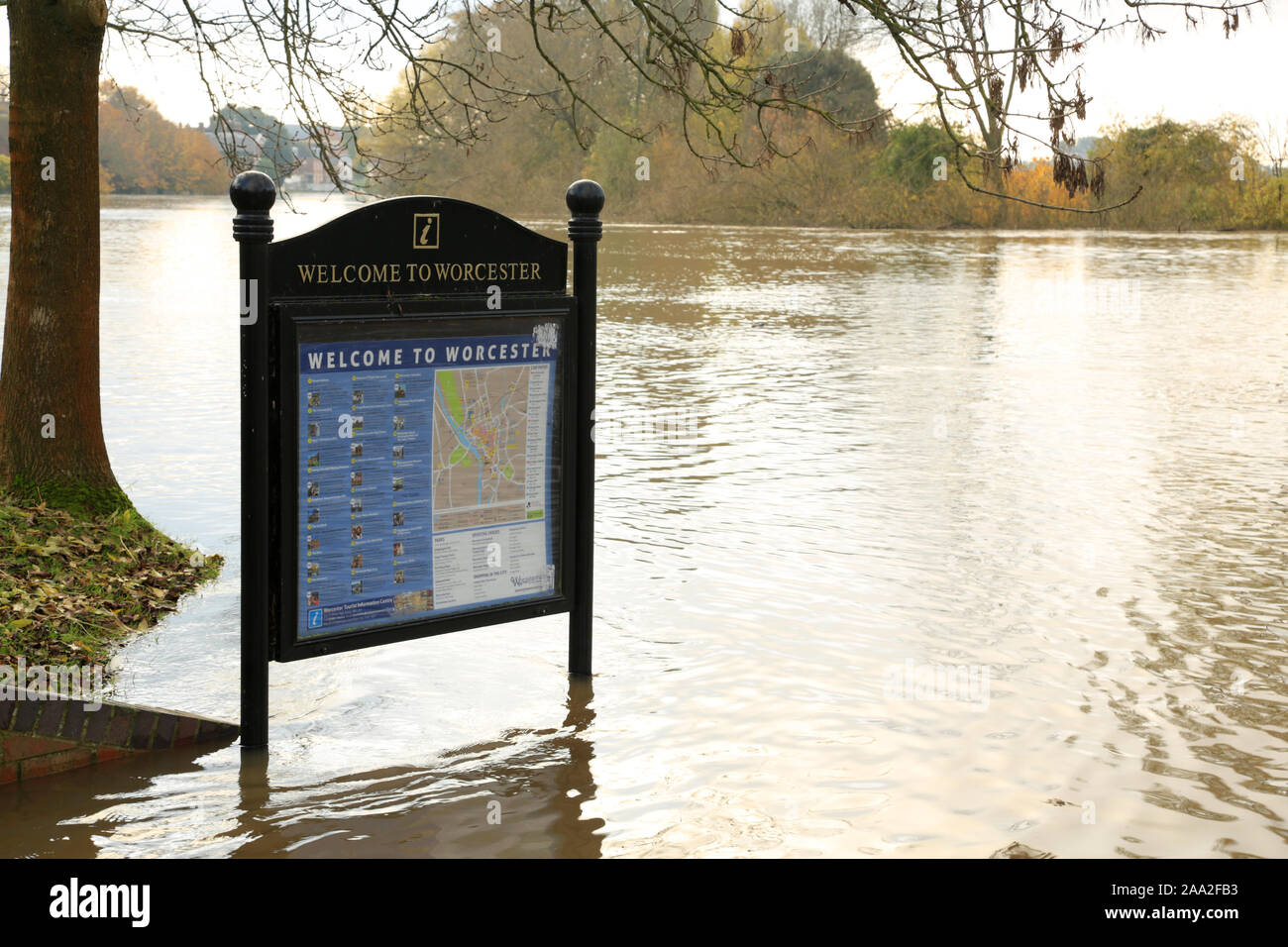 Welcome to Worcester information sign partly submerged by a flooding ...