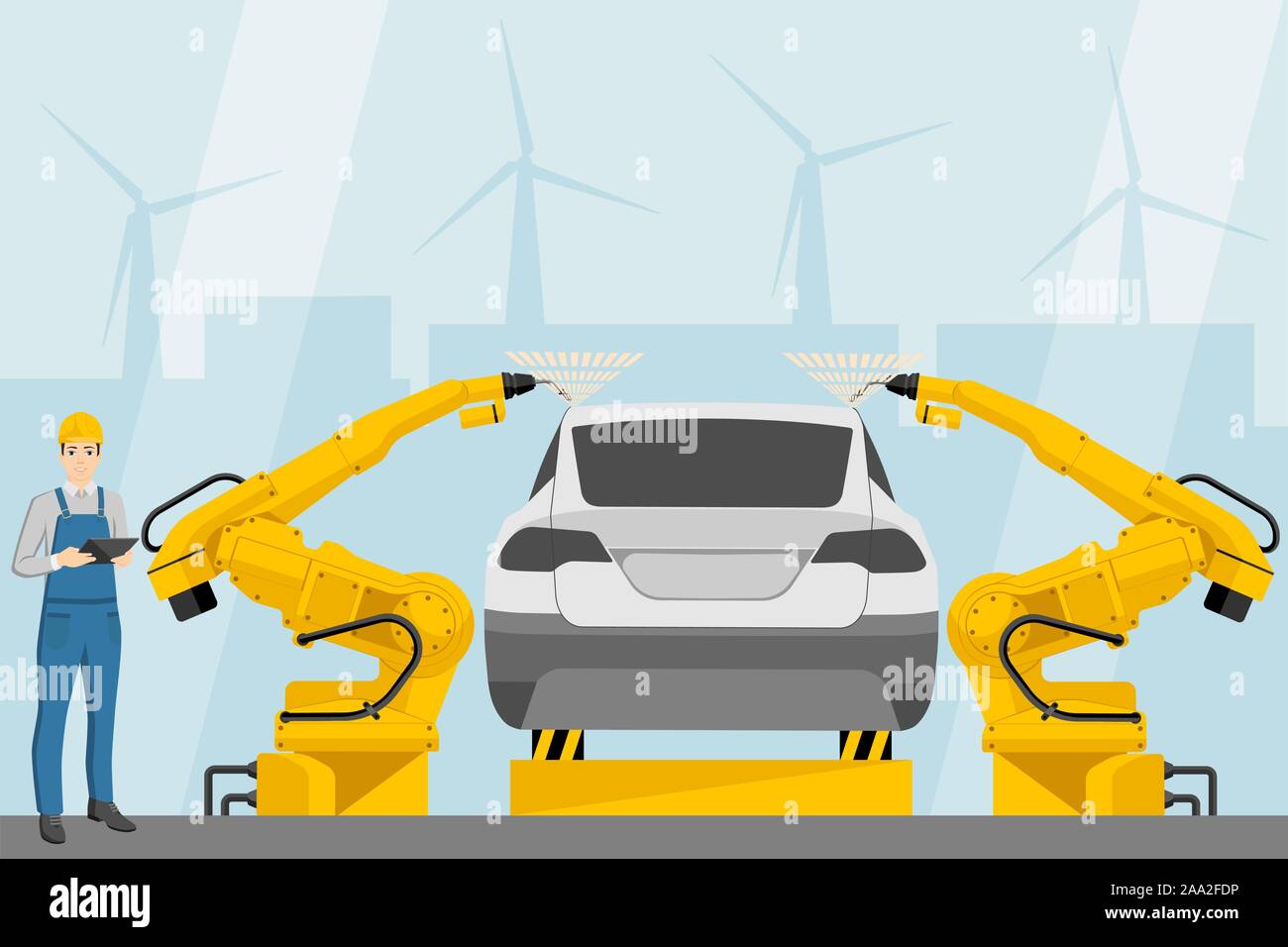 Engineer with a digital tablet controls robots on the car assembly line ...