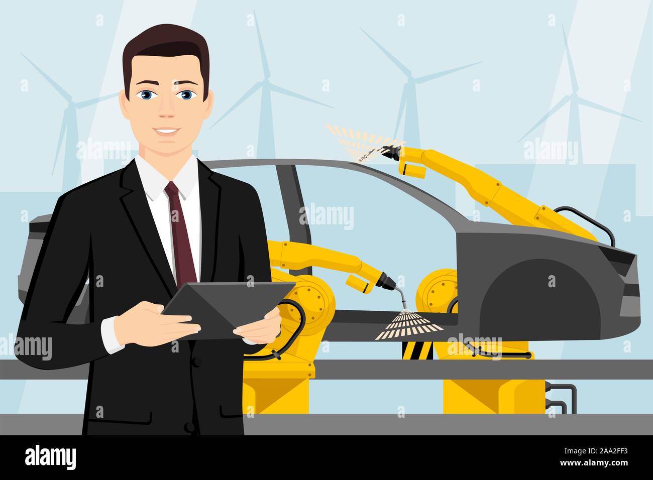 Engineer With A Digital Tablet Controls Robots On The Car Assembly Line