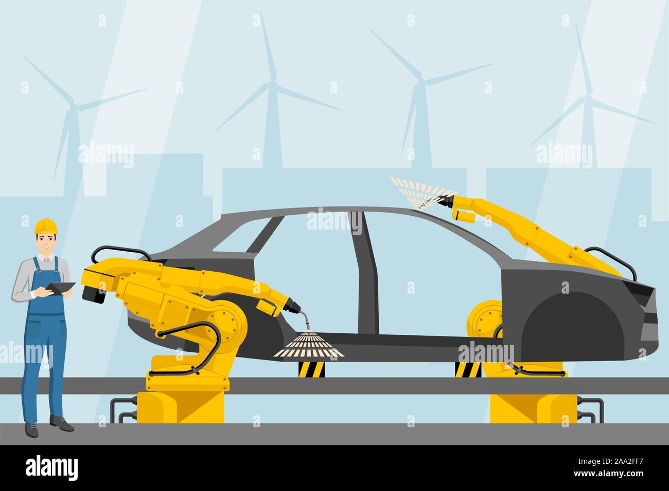 Engineer with a digital tablet controls robots on the car assembly line ...