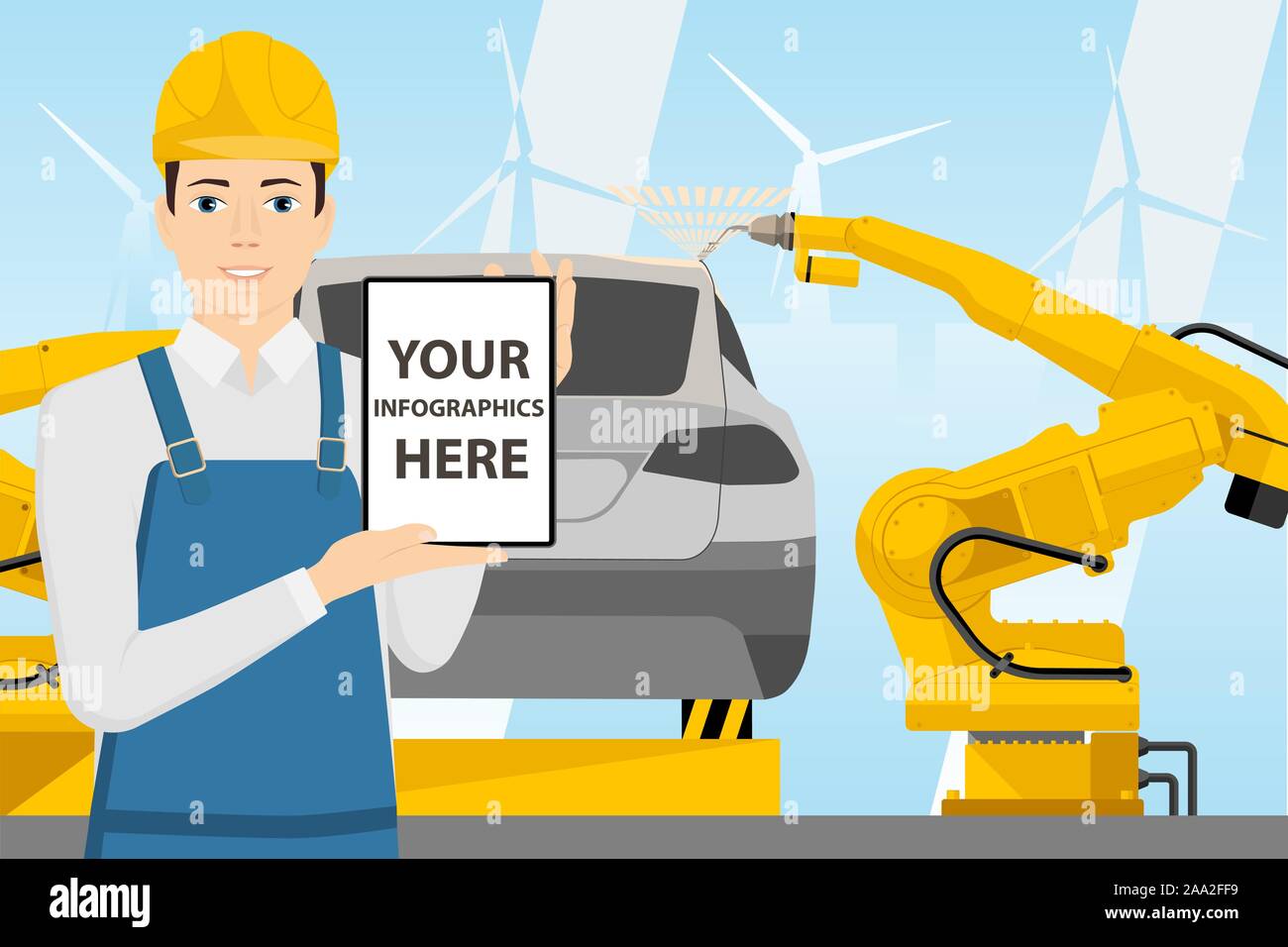 Engineer with a digital tablet controls robots on the car assembly line ...