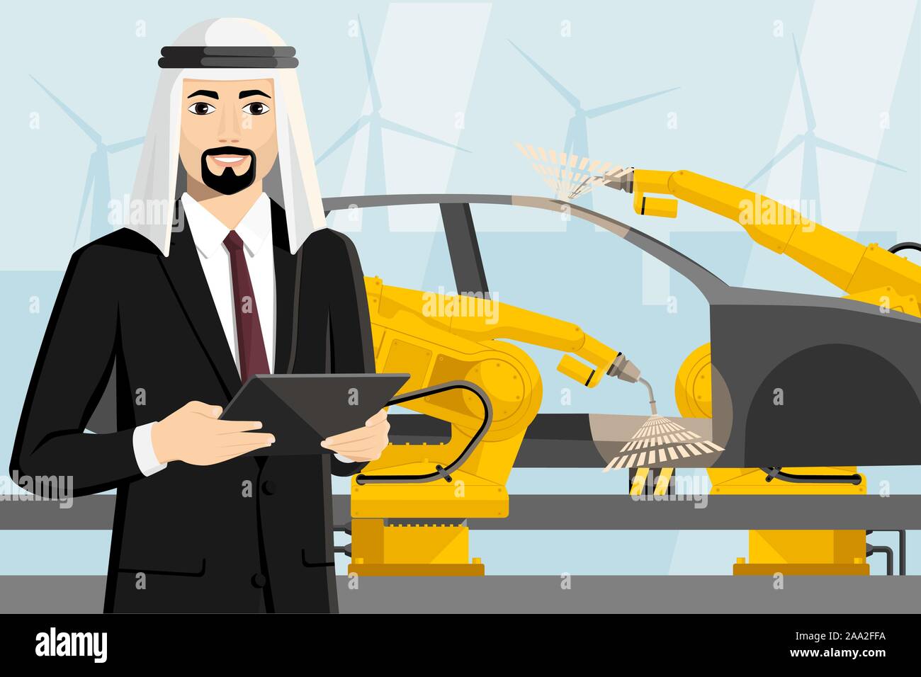 Engineer With A Digital Tablet Controls Robots On The Car Assembly Line