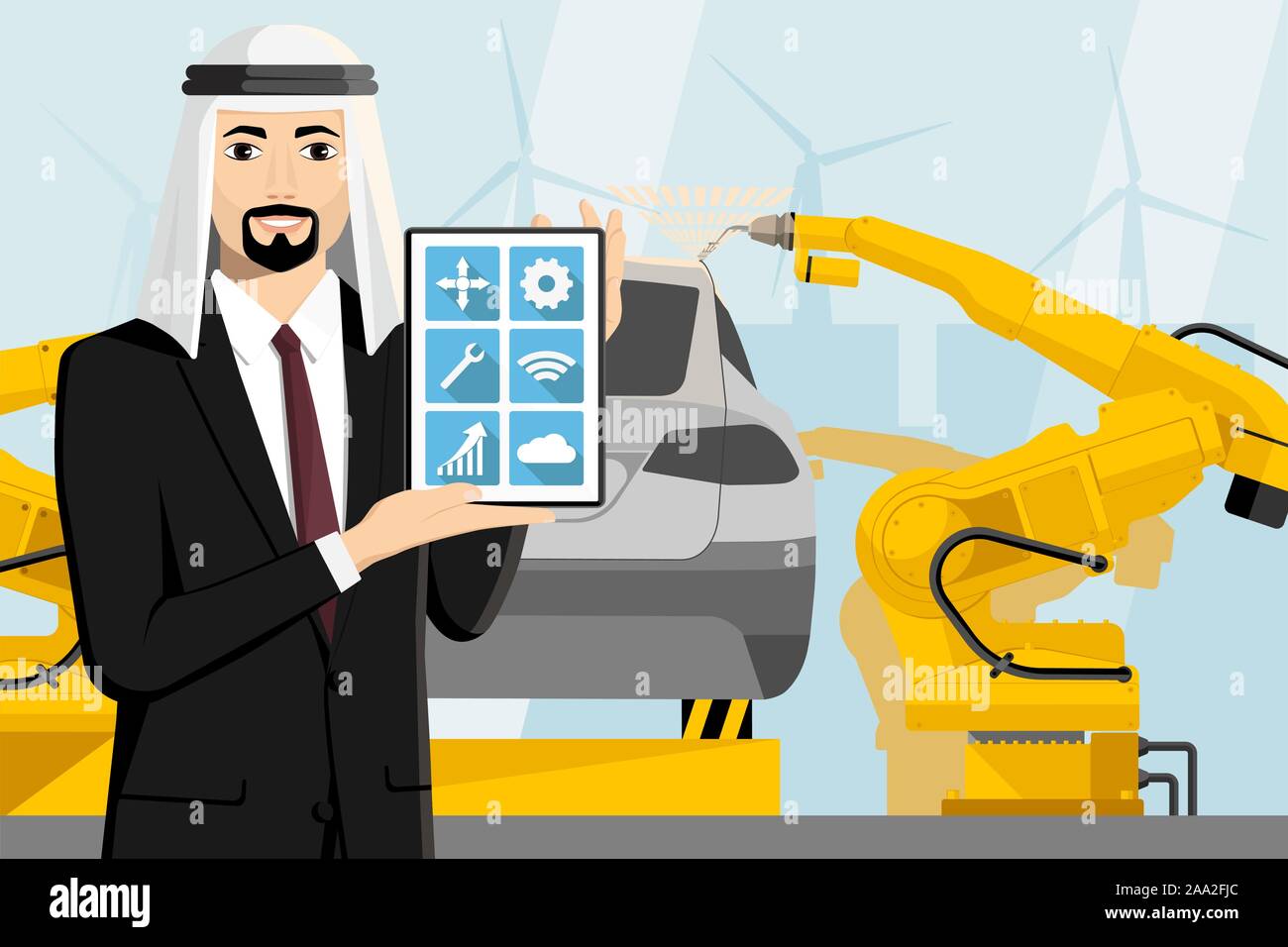 Engineer with a digital tablet controls robots on the car assembly line ...