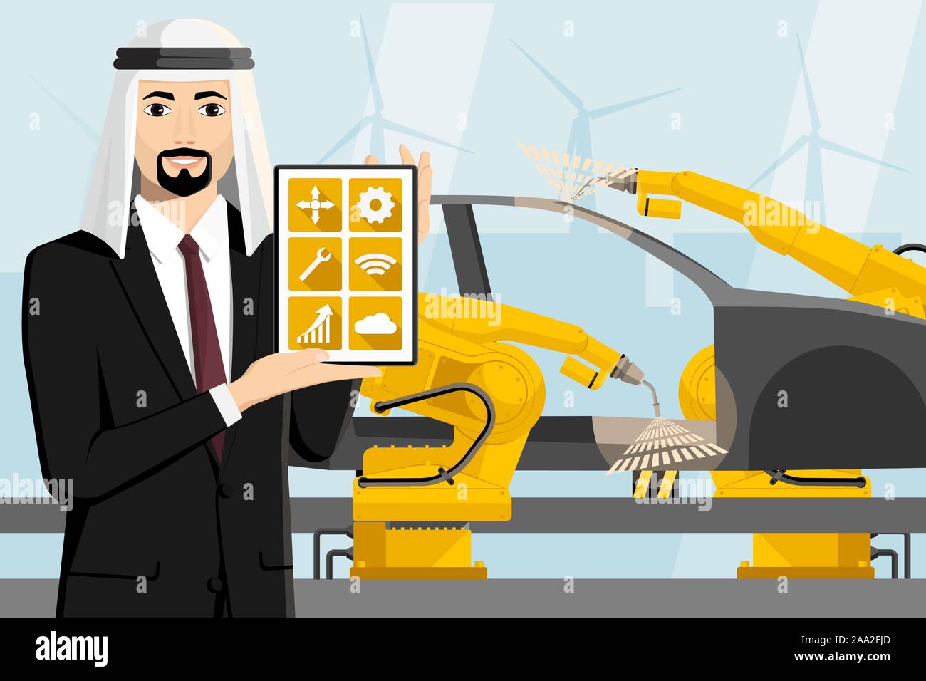 Engineer with a digital tablet controls robots on the car assembly line ...