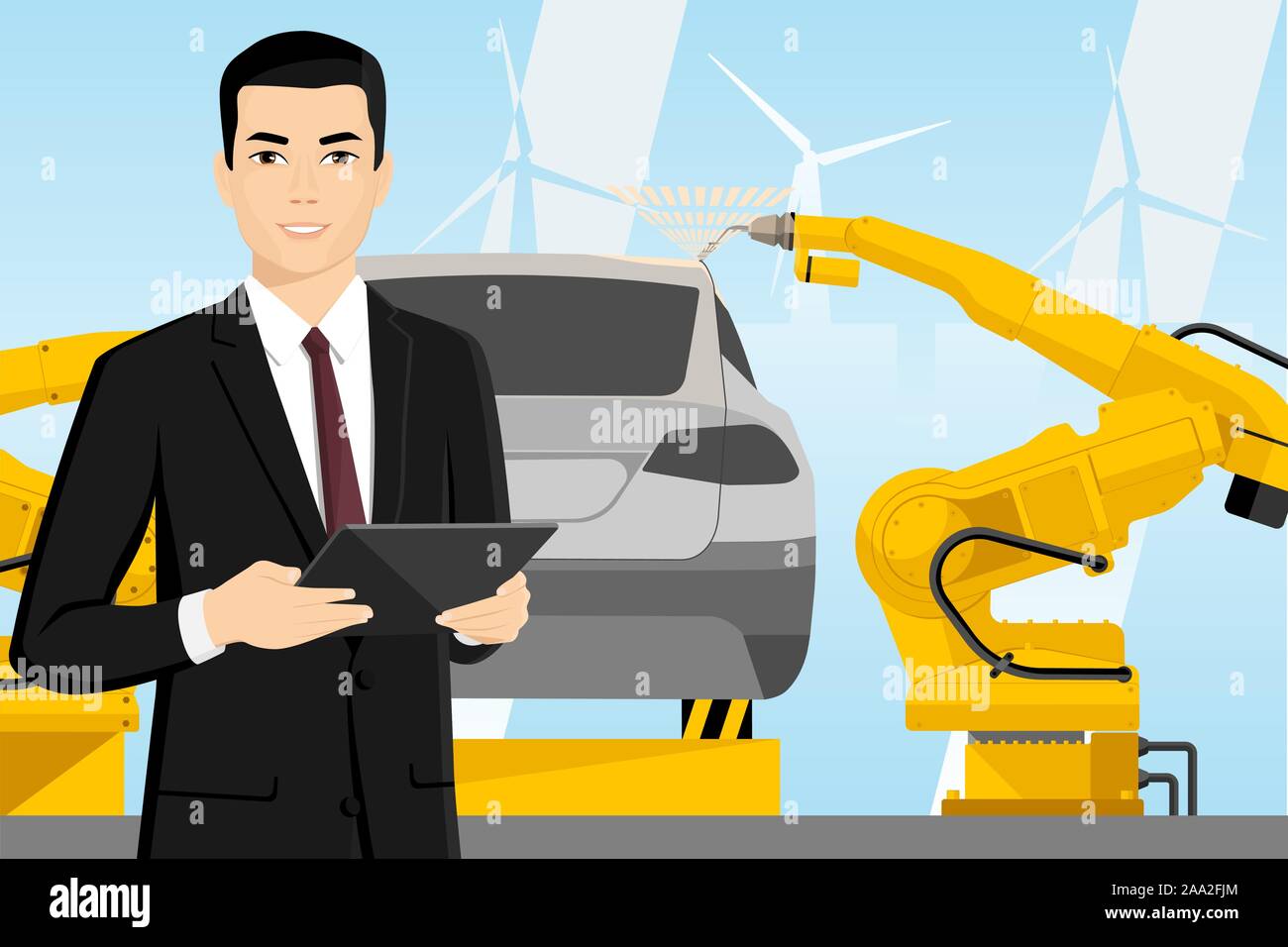 Engineer with a digital tablet controls robots on the car assembly line ...