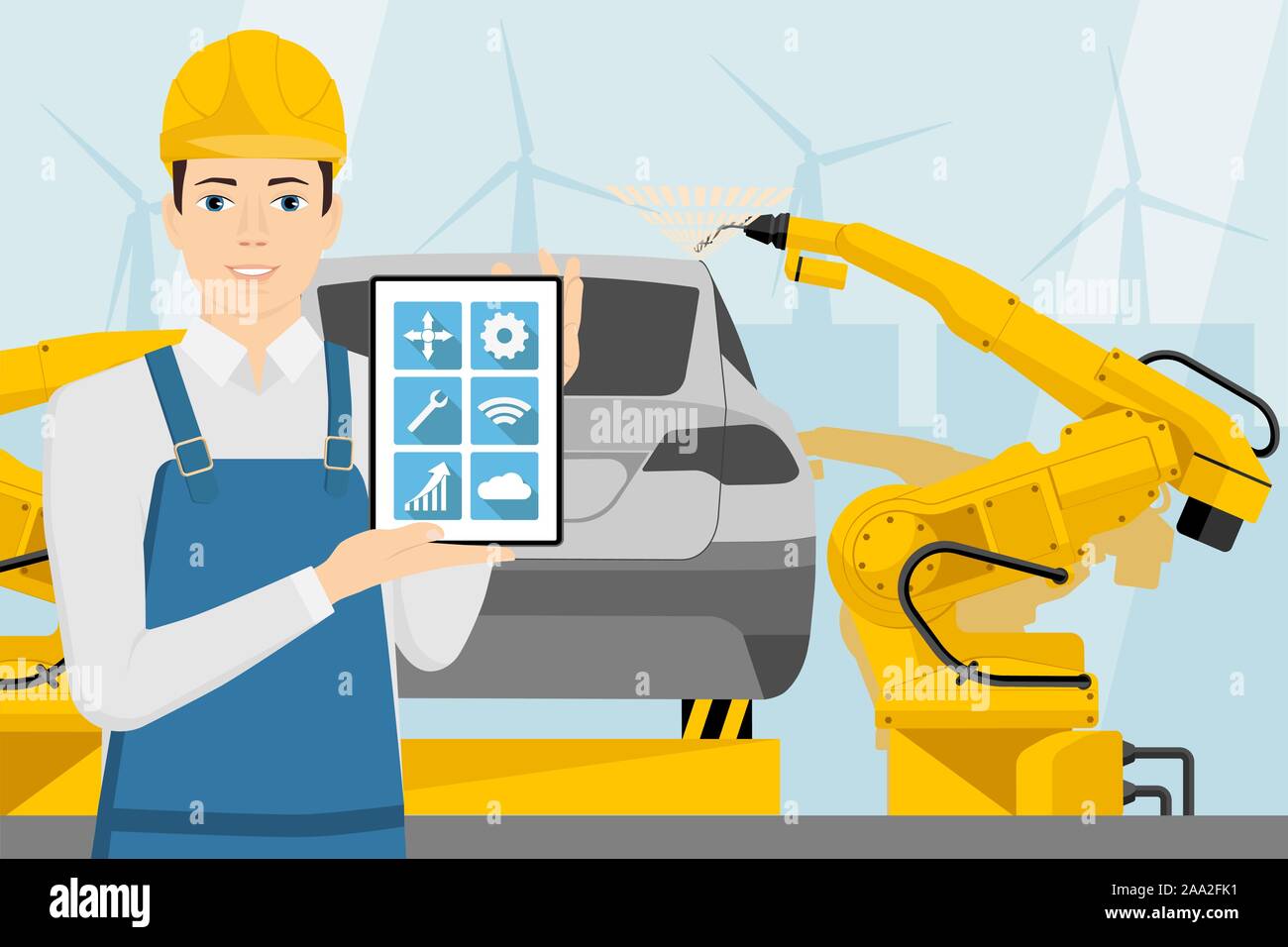 Engineer with a digital tablet controls robots on the car assembly line ...