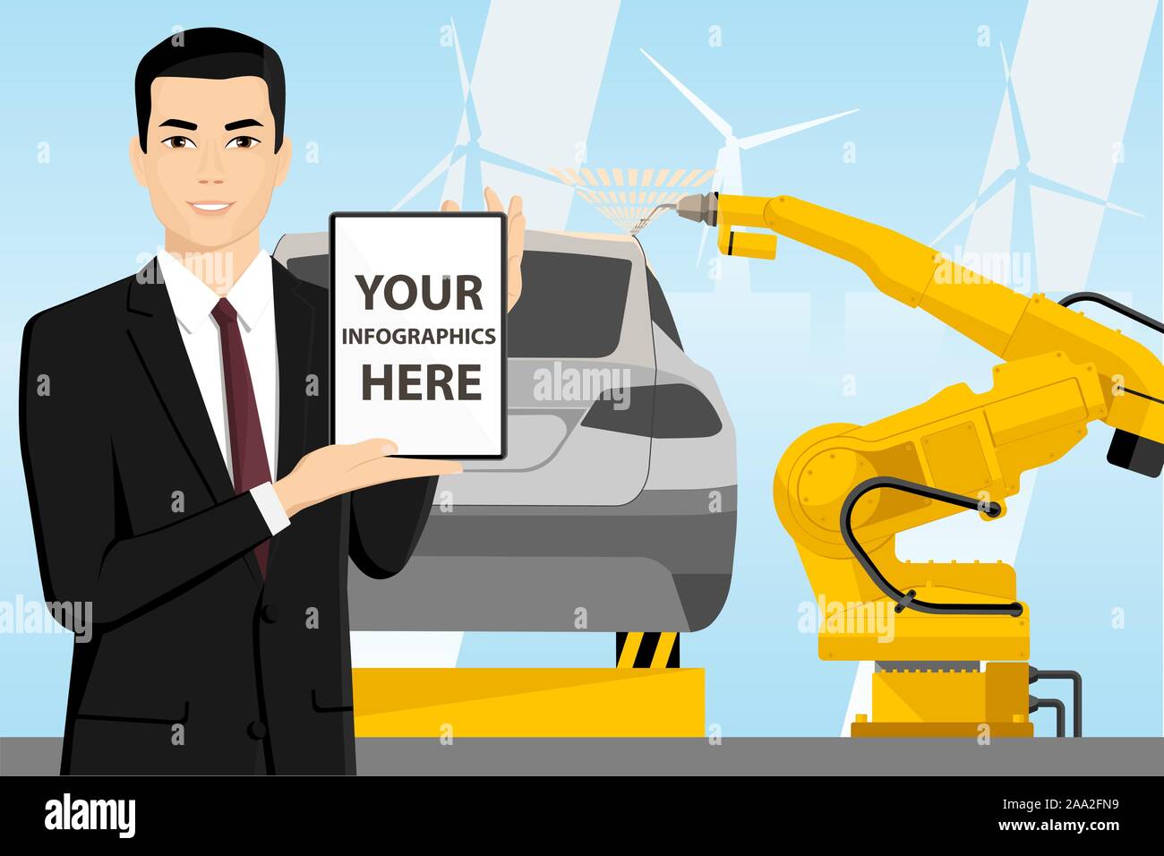 Engineer with a digital tablet controls robots on the car assembly line ...