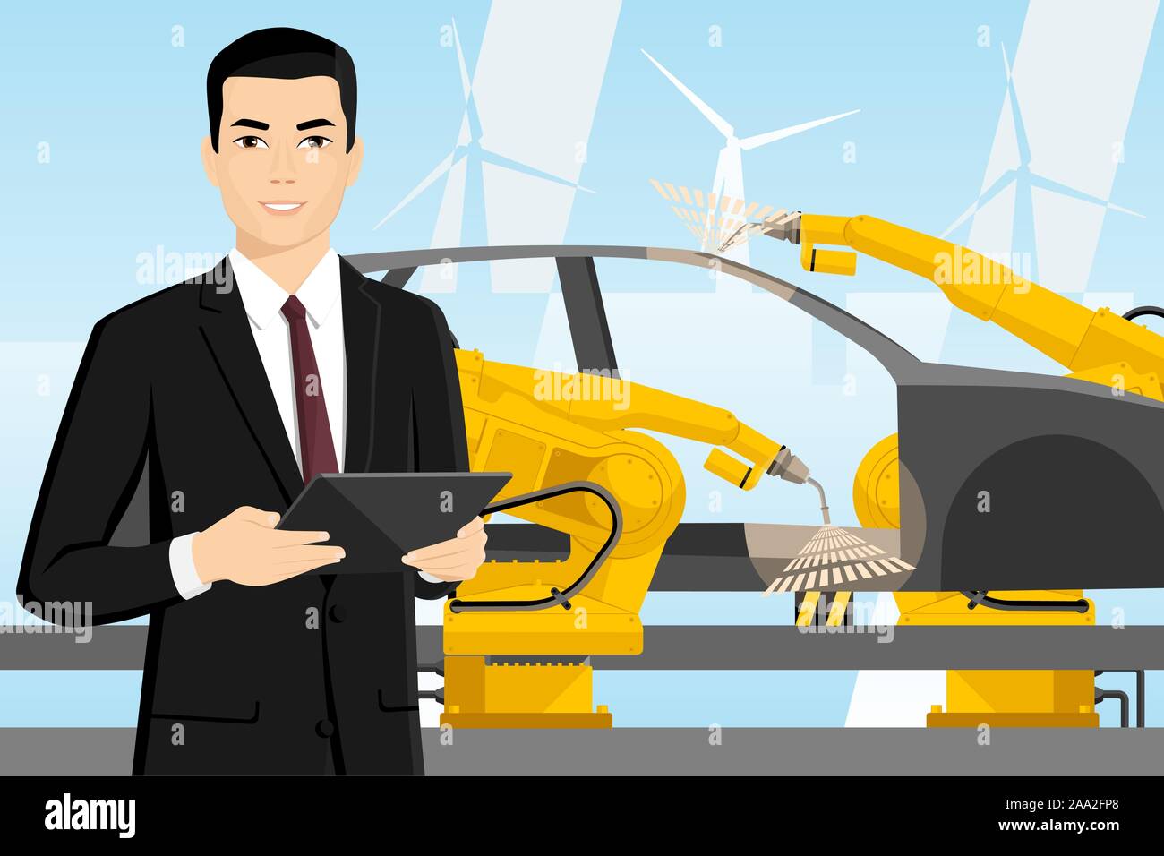 Engineer with a digital tablet controls robots on the car assembly line ...