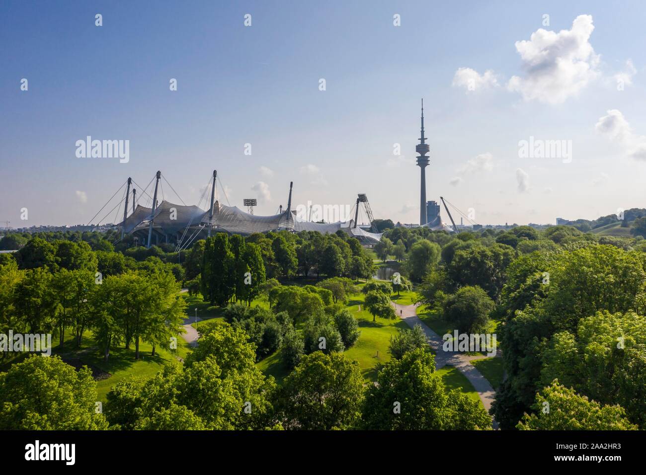 Aerial view, Olympic site, park and television tower, Olympic tower ...