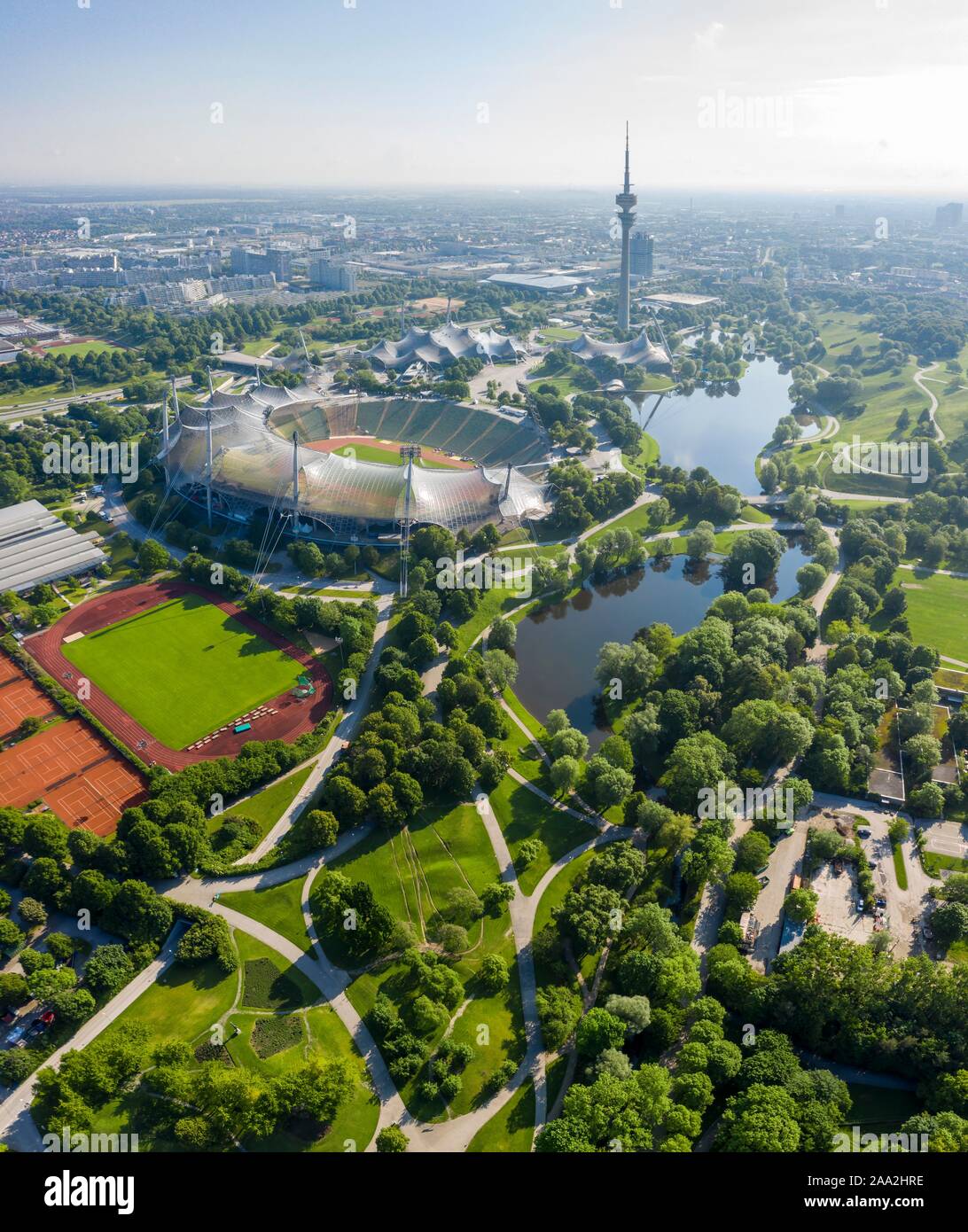 Aerial view, Olympic site, park with Olympic lake and television tower ...