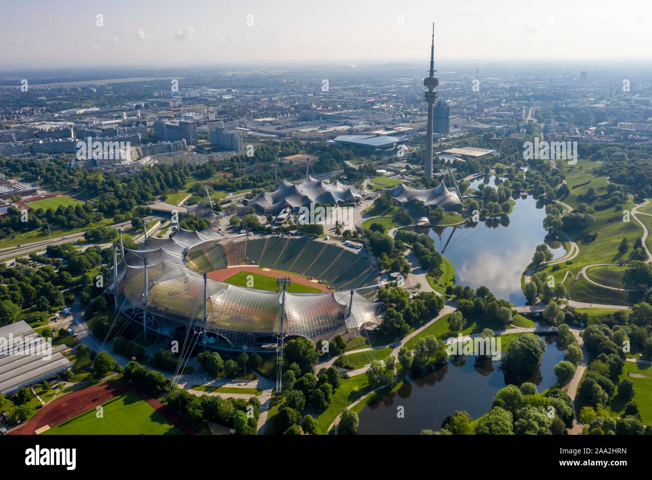 Aerial view, Olympic site, park with Olympic lake and television tower ...