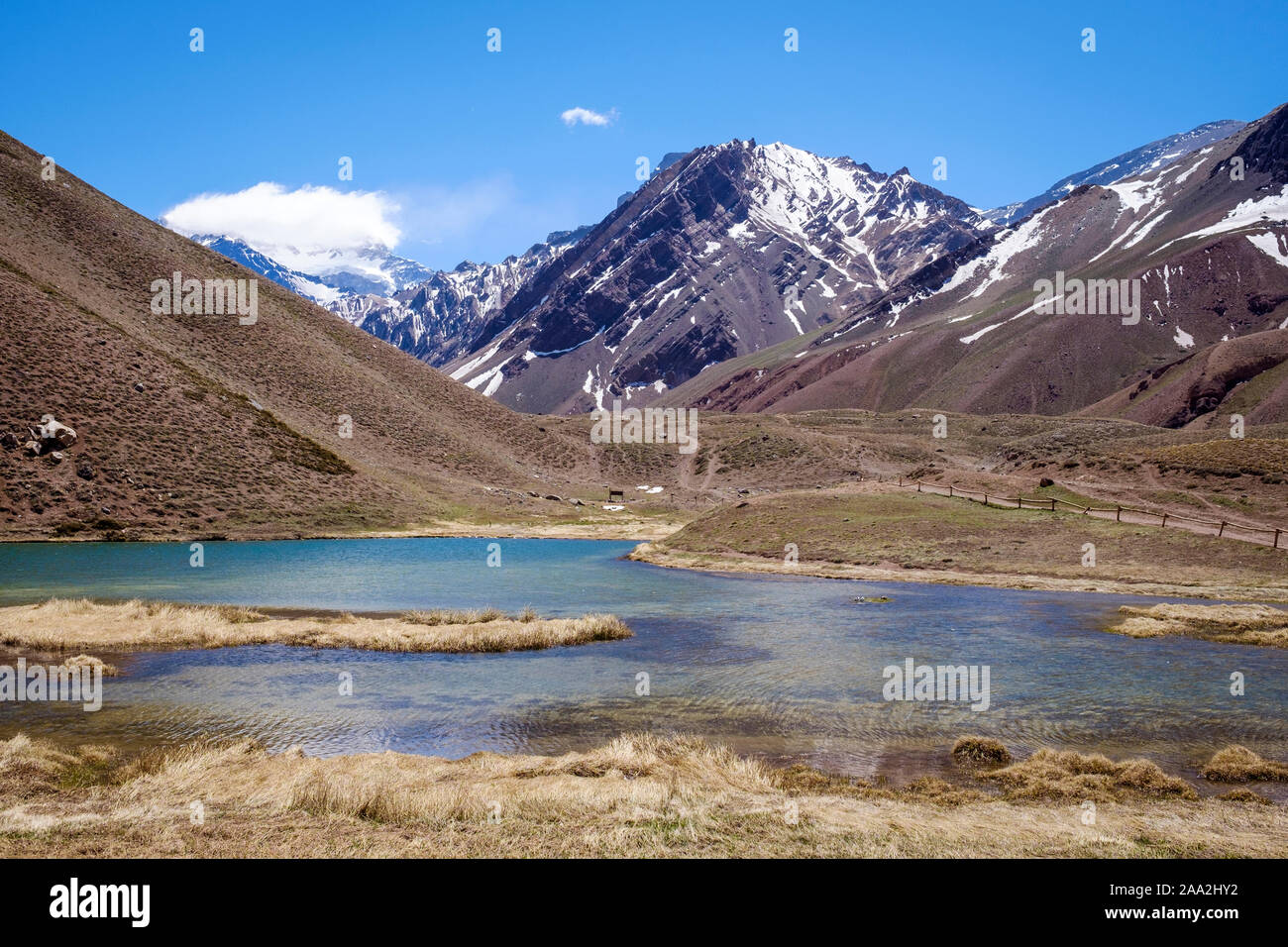 Lake Los Horcones in the Aconcagua Provincial Park with the Mount ...