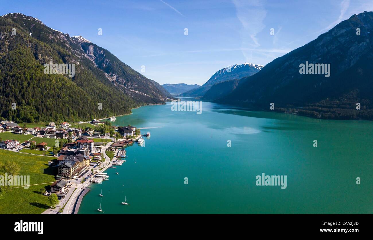 Aerial view of the village Pertisau am Lake Achensee, Tyrol, Austria ...