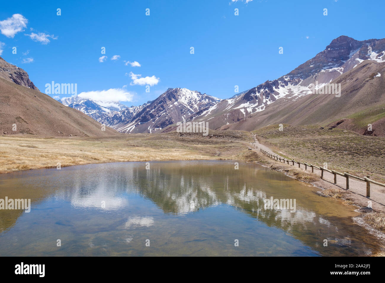 Lagoon Los Horcones in the Aconcagua Park with the Mount Aconcagua in ...