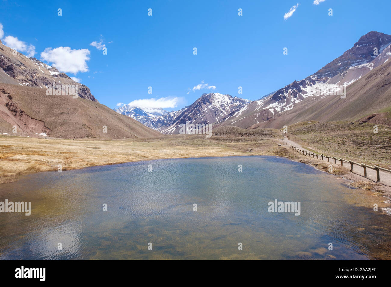 Lagoon Los Horcones in the Aconcagua Park with the Mount Aconcagua in ...
