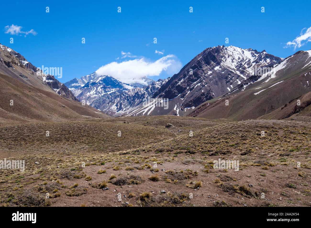 Los Horcones Valley in the Aconcagua Park with the Aconcagua Peak in ...