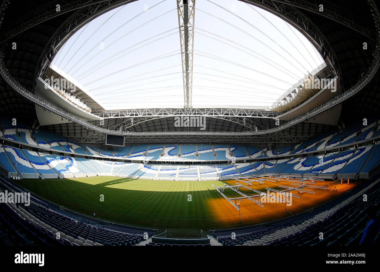A general view showing the pitch of the Al Janoub Stadium, Doha, Qatar ...