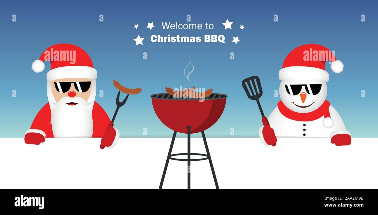 cute santa claus and snowman with sunglasses at christmas bbq vector ...