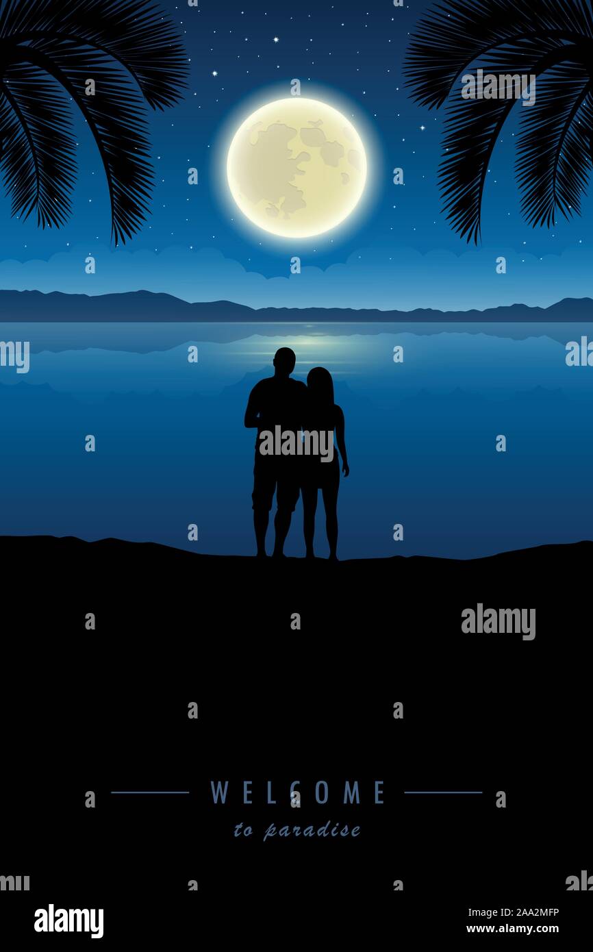 loving couple enjoy the full moon under palm tree vector illustration ...