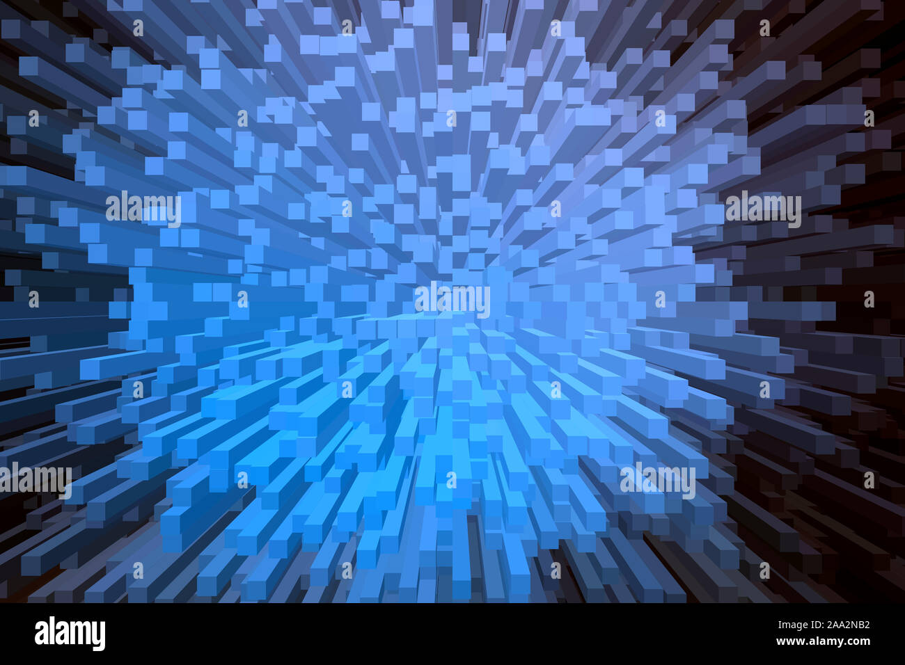 Abstract background, thousands of blue blocks explode from the center ...