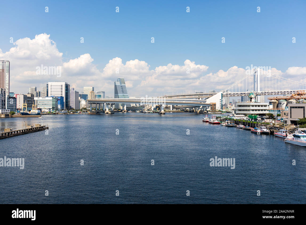 Rainbow Bridge across Tokyo Harbour, view from bridge in Minato; Tokyo ...