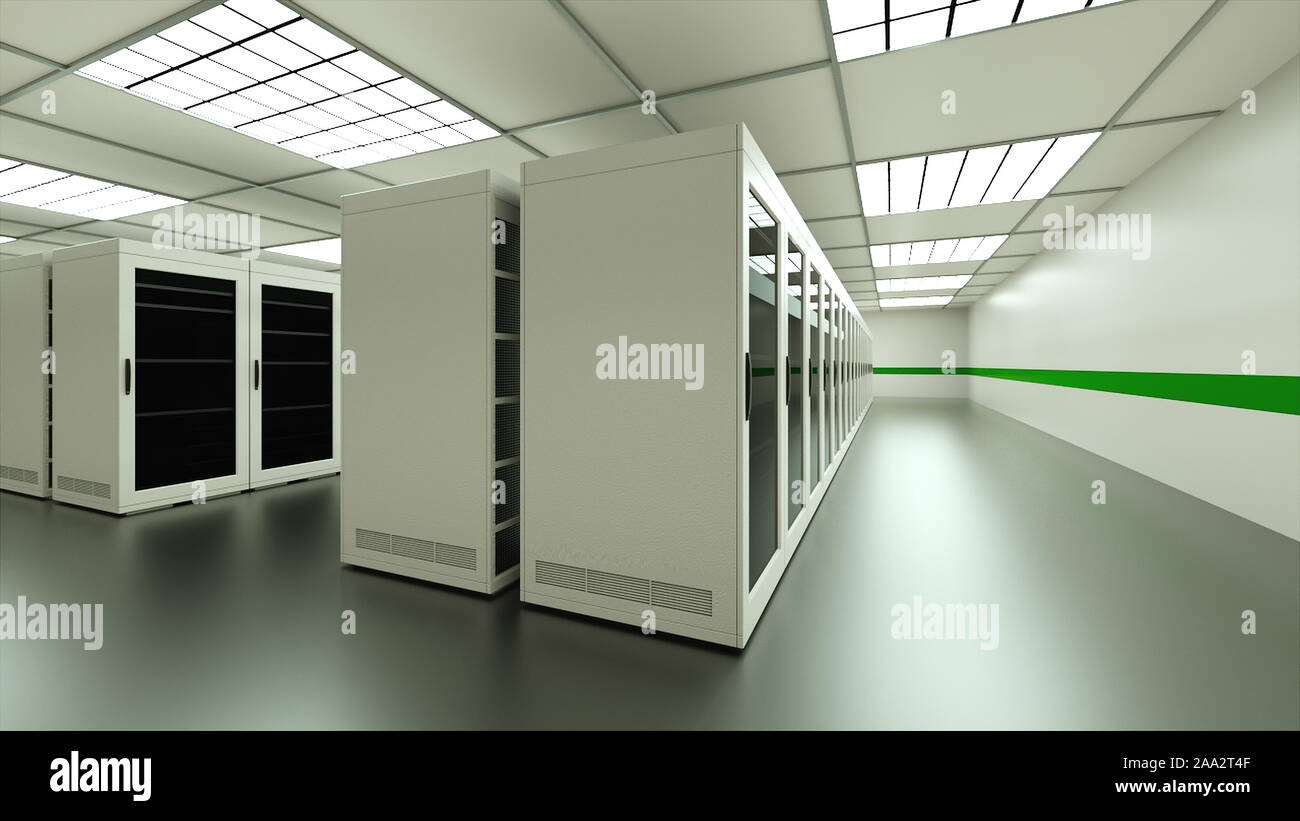Large server room interior in datacenter, web network and internet ...