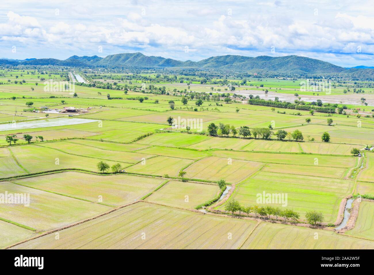 Landscape of Rice Paddy Fields in Kanchanaburi, Thailand Stock Photo ...