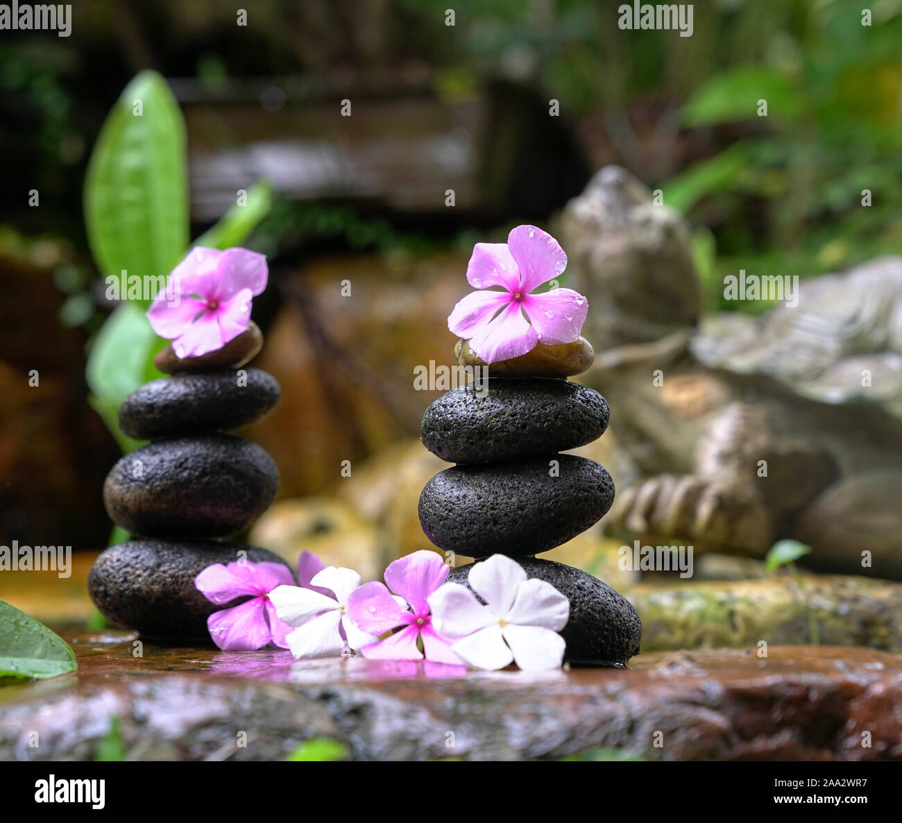 Stack of zen stones with flowers next to a garden mini waterfall. Zen ...