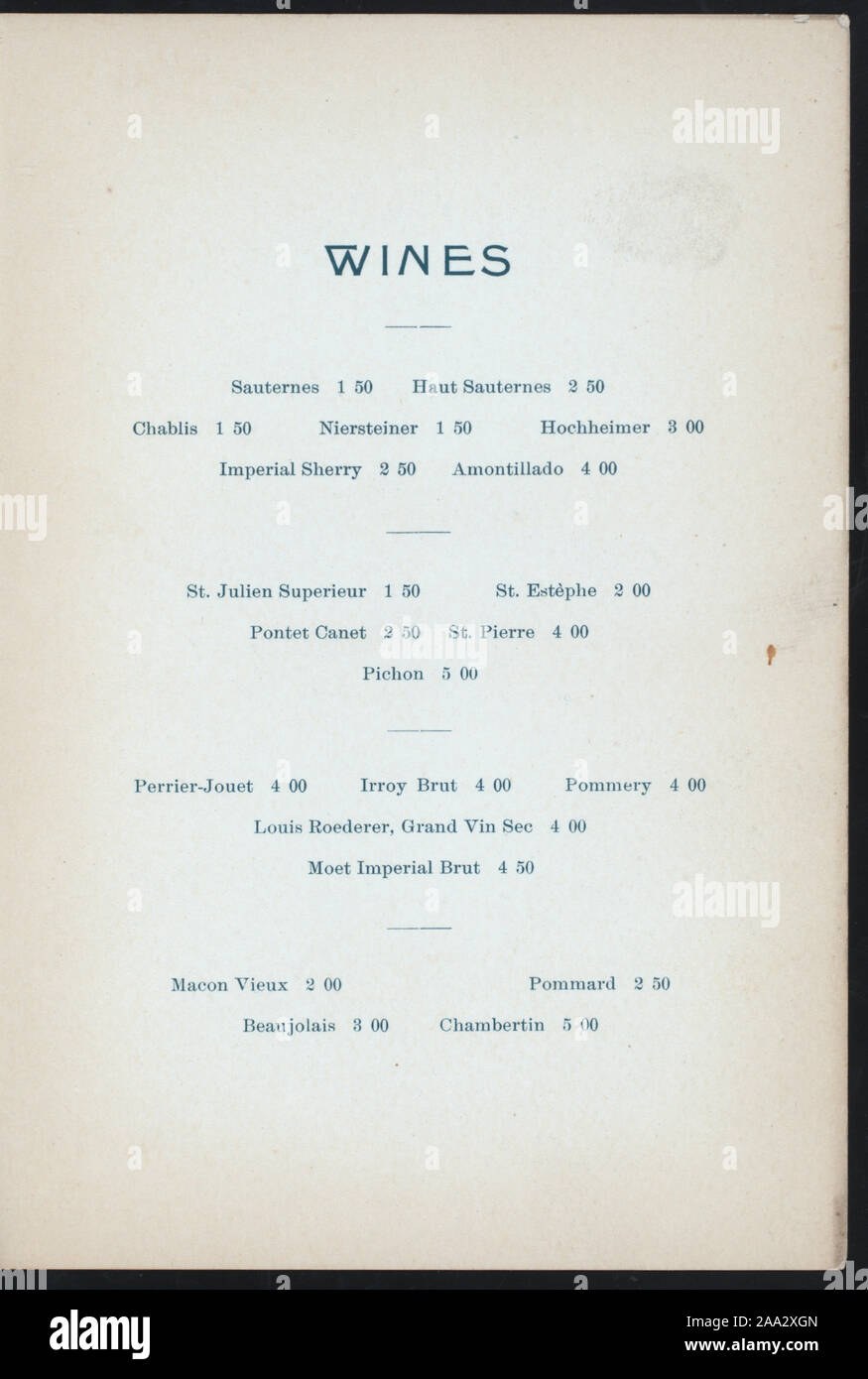 MENU AND WINE LIST BOTH WRITTEN IN FRENCH, LIST OF TOASTS INCLUDING ...