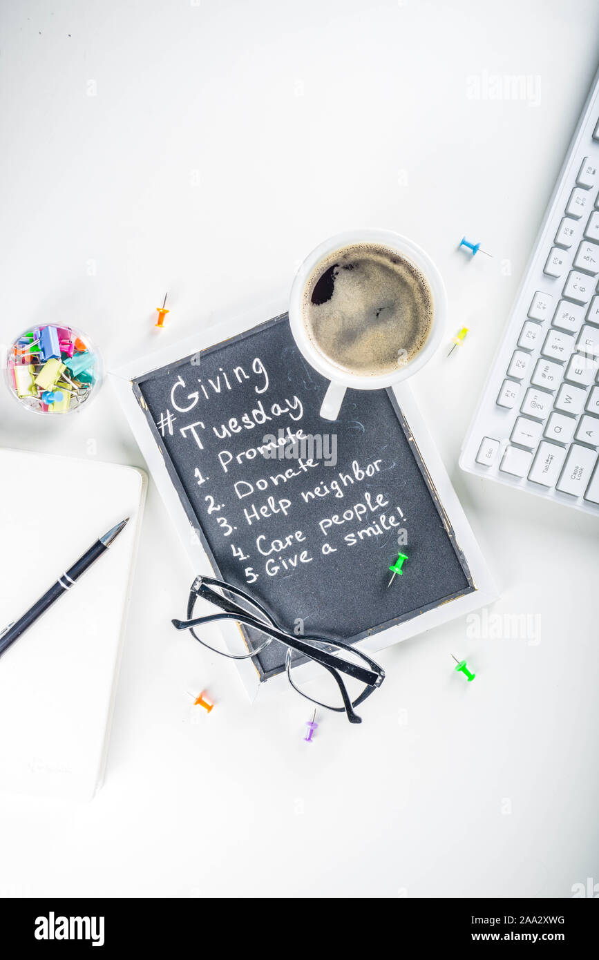 Chalk board with list of tasks, ideas, task for Giving Tuesday. Notes ...