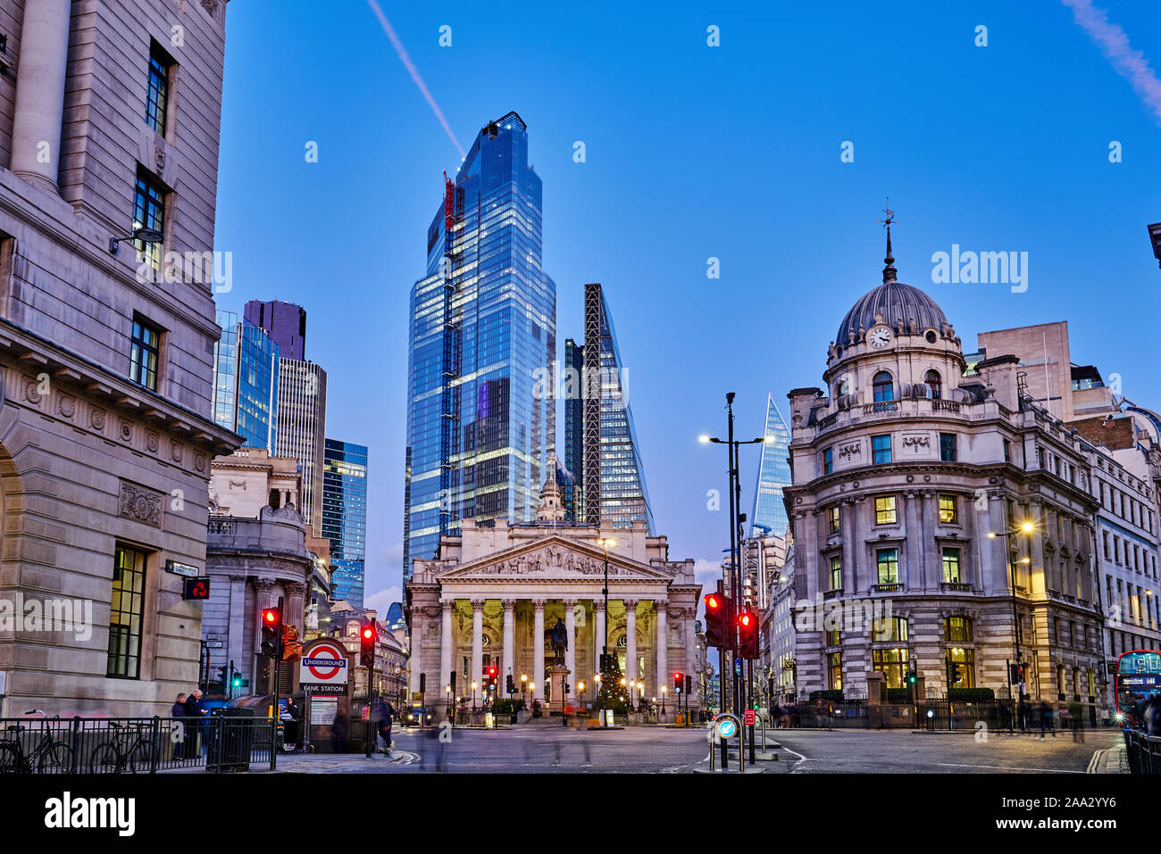 The Royal Exchange, Bank of England and Illuminated skyscrapers in The ...