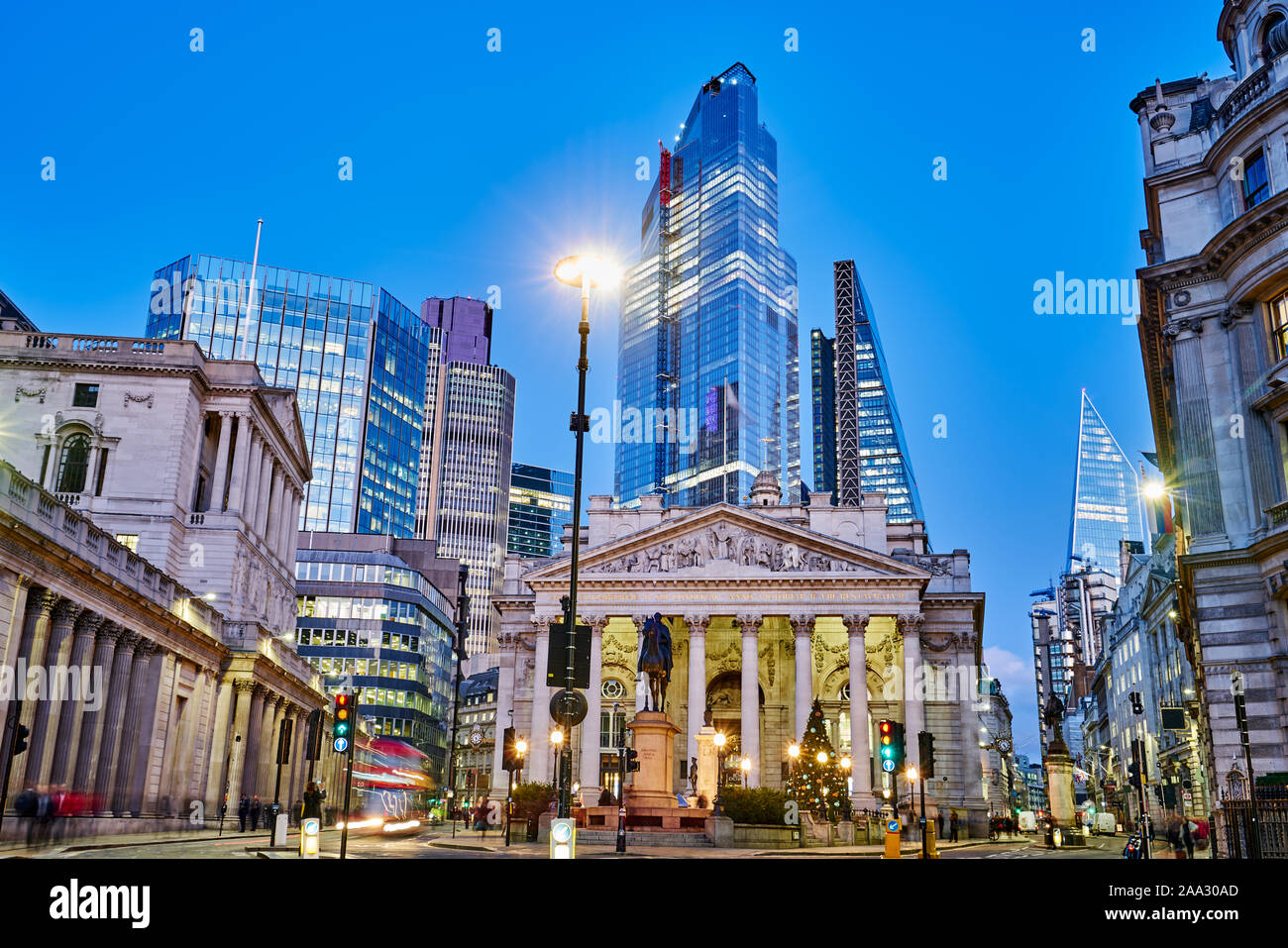 The Royal Exchange, Bank of England and Illuminated skyscrapers in The ...