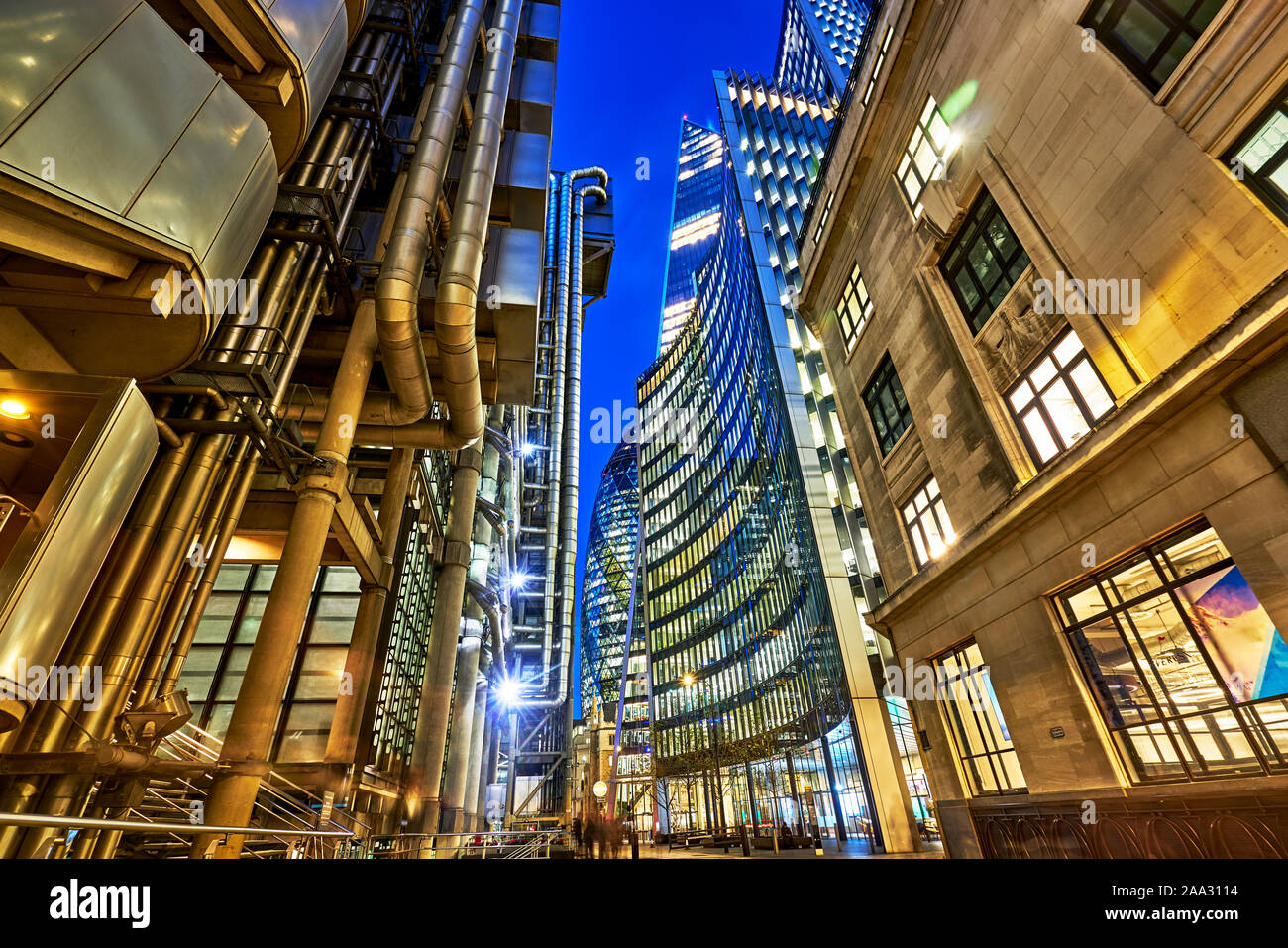 Illuminated skyscrapers in The City of London. England UK Stock Photo ...