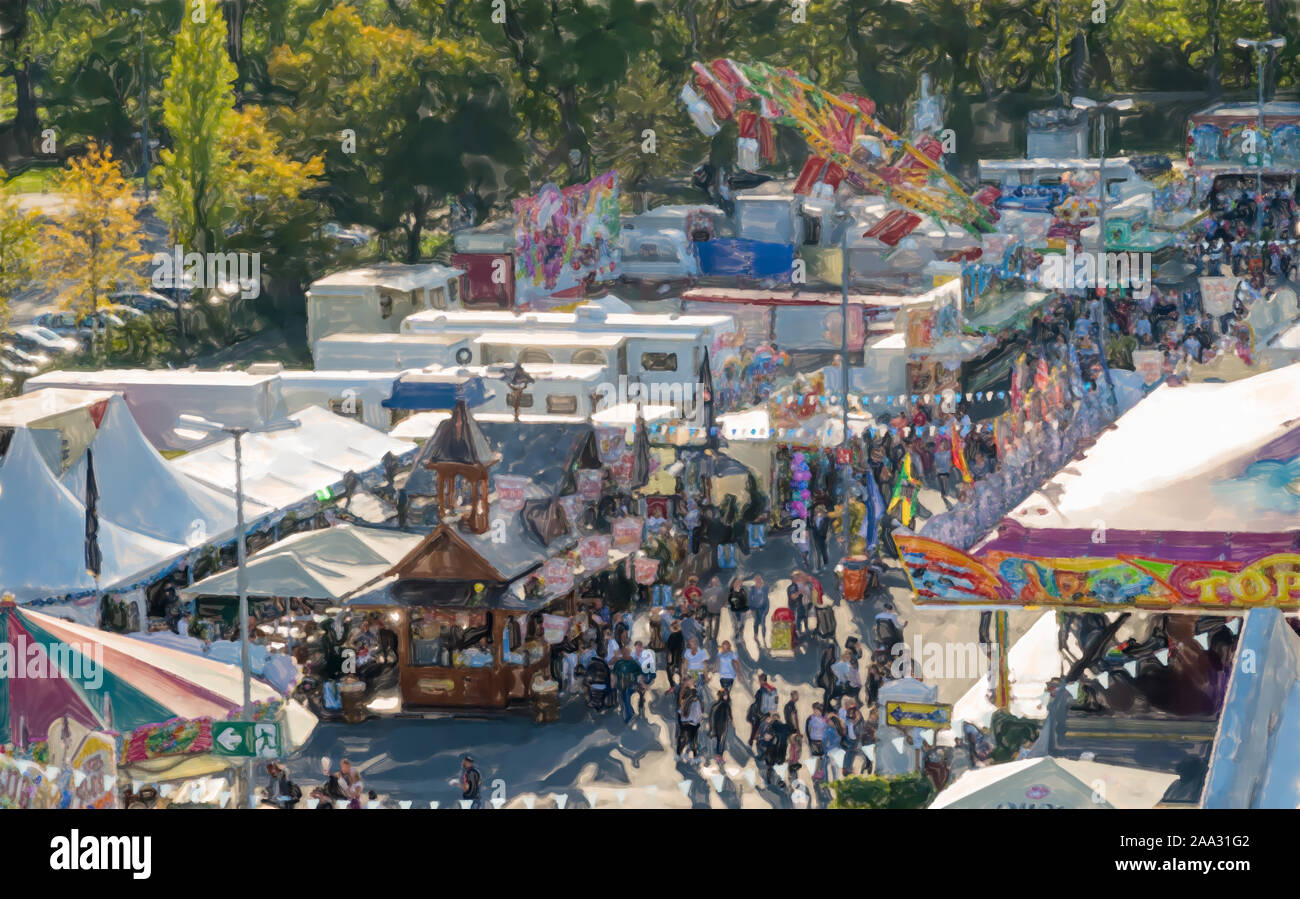 watercolor illustration: Aerial view of the edge of a fair with many ...