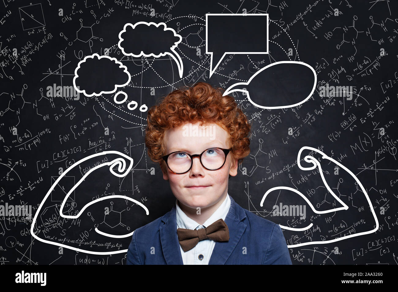 Thinking little boy with empty speech clouds bubbles on school ...