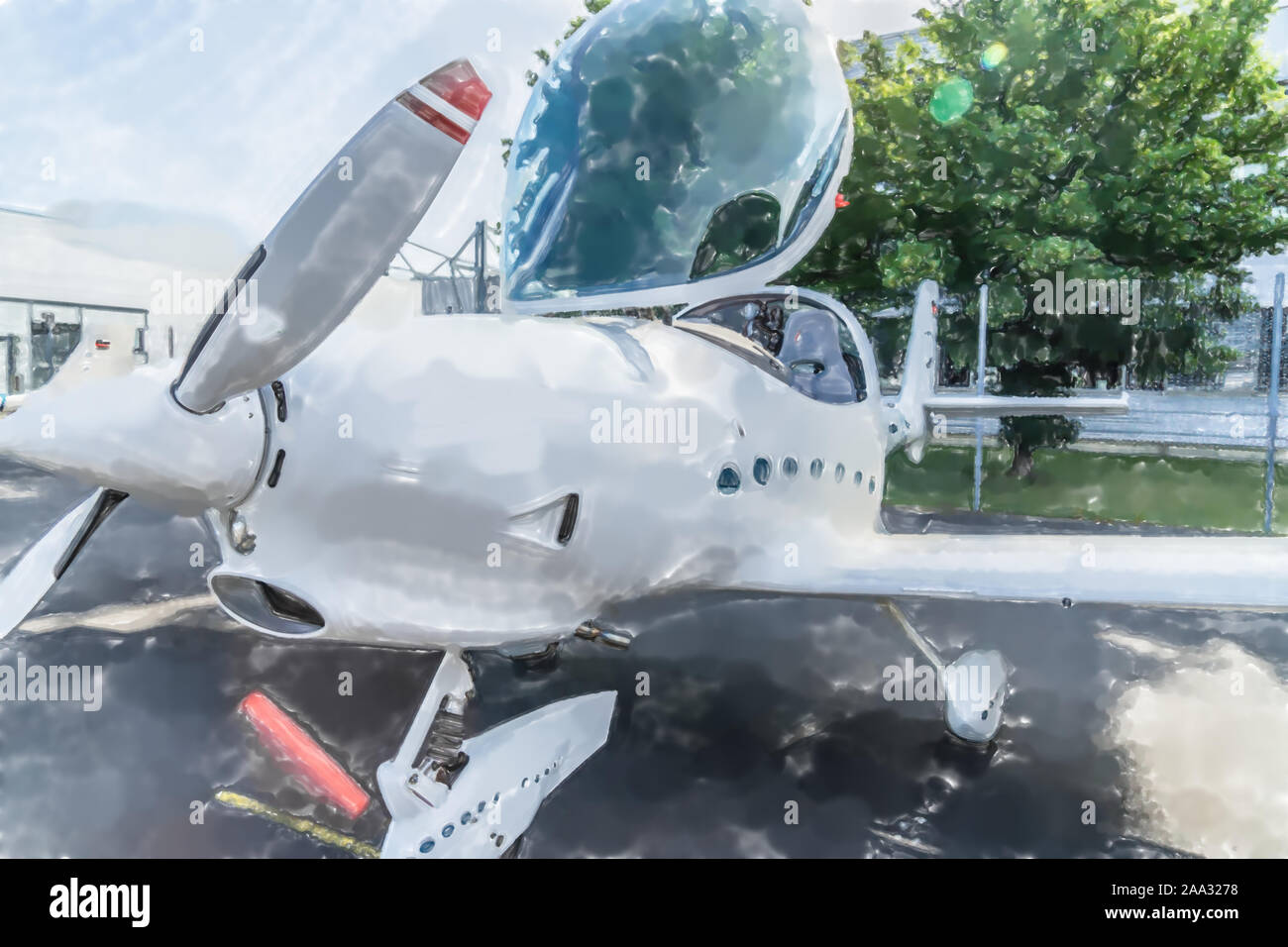 watercolor illustration: View from the front of the Aquila A 210, a ...