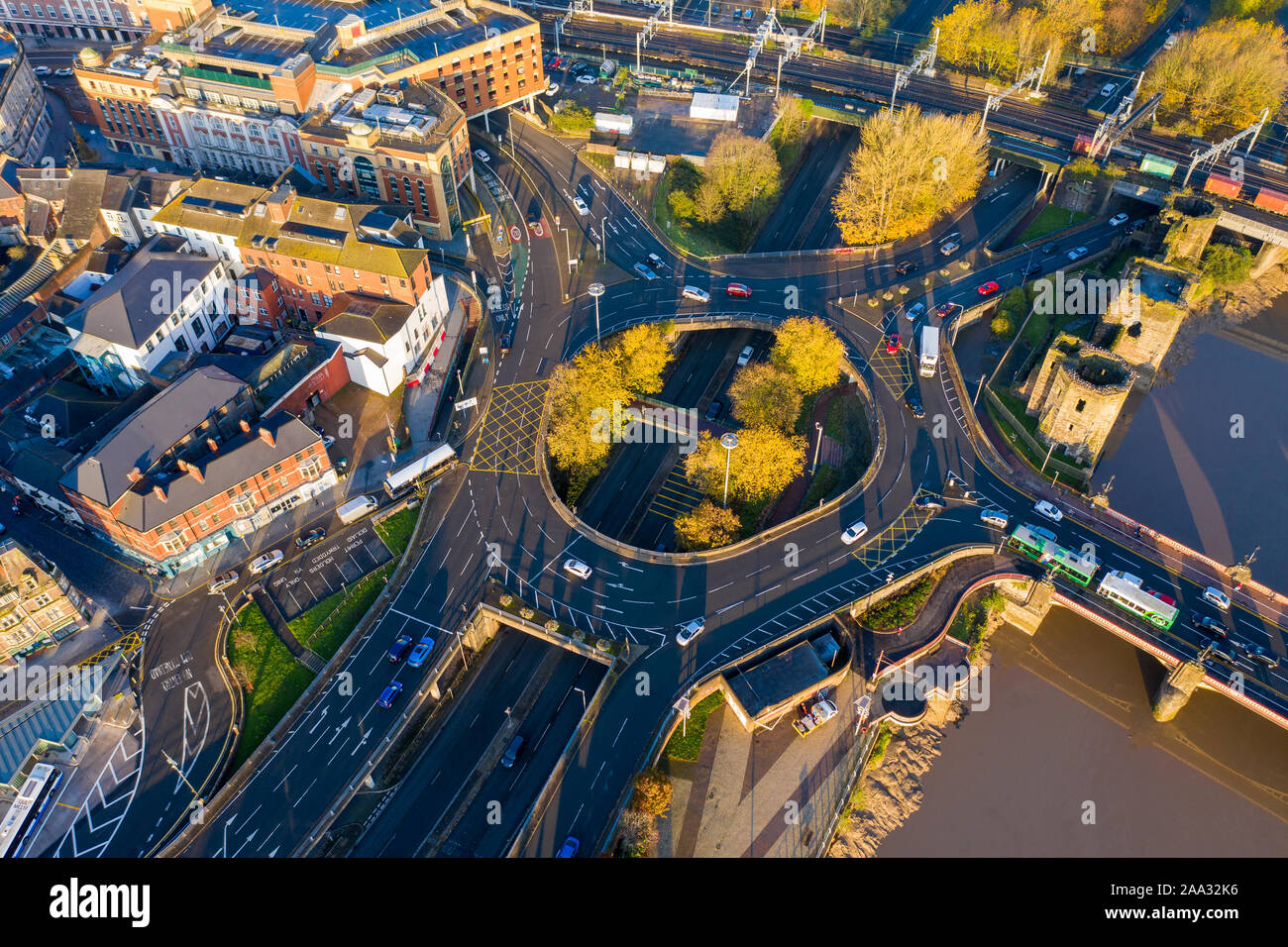 An aerial view at sunrise of Newport city centre, south wales United ...