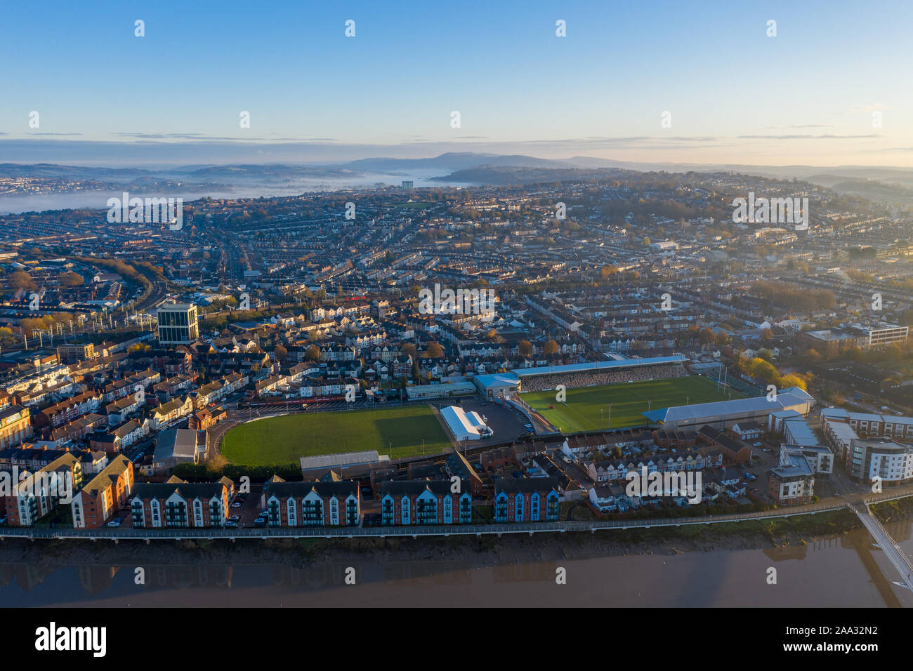 An aerial view at sunrise of Newport city centre, south wales United ...