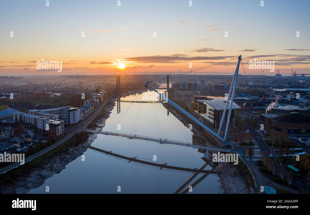 An aerial view at sunrise of Newport city centre, south wales United ...