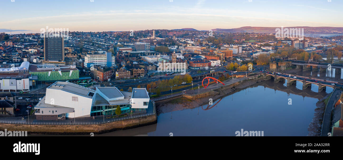 An aerial view at sunrise of Newport city centre, south wales United ...