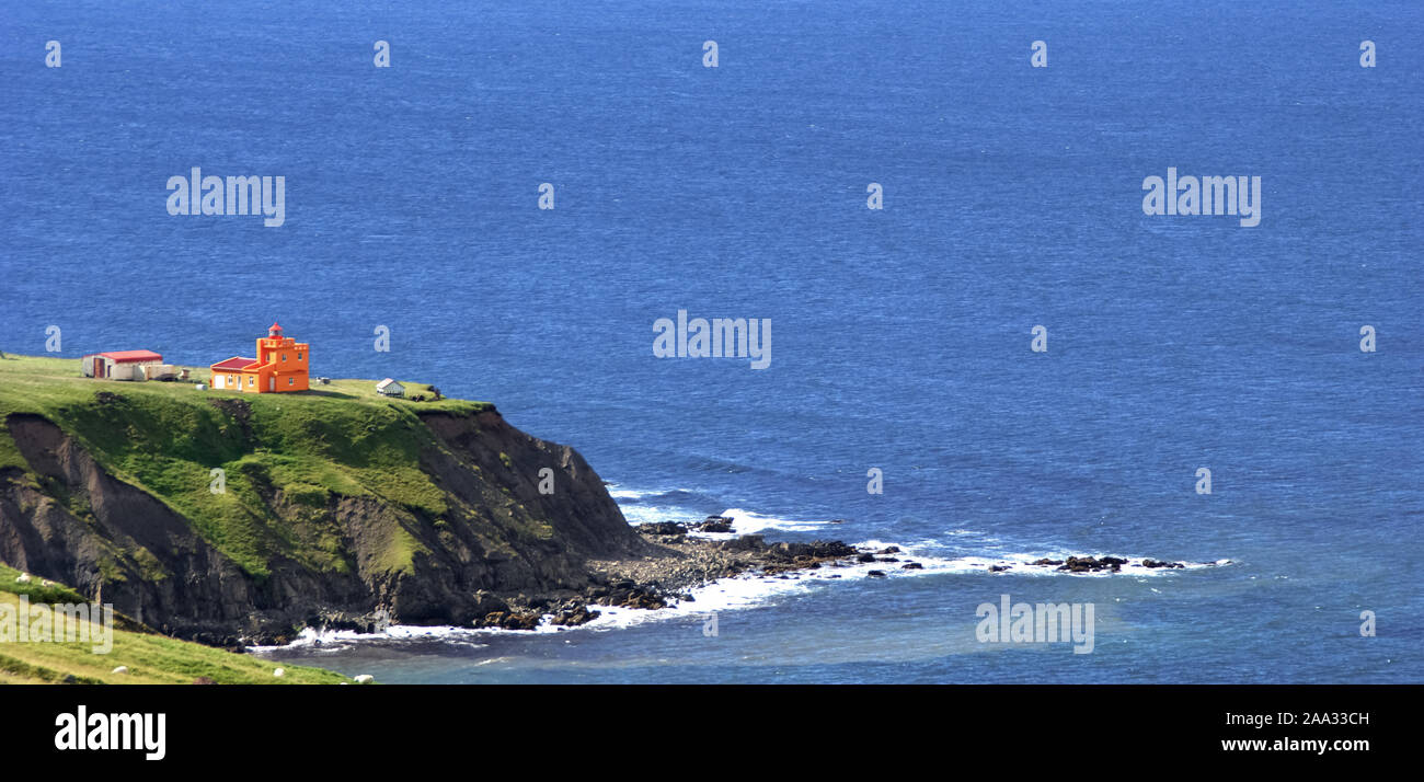 The remote Saudanes lighthouse in Trollaskagi Peninsula in Northern ...