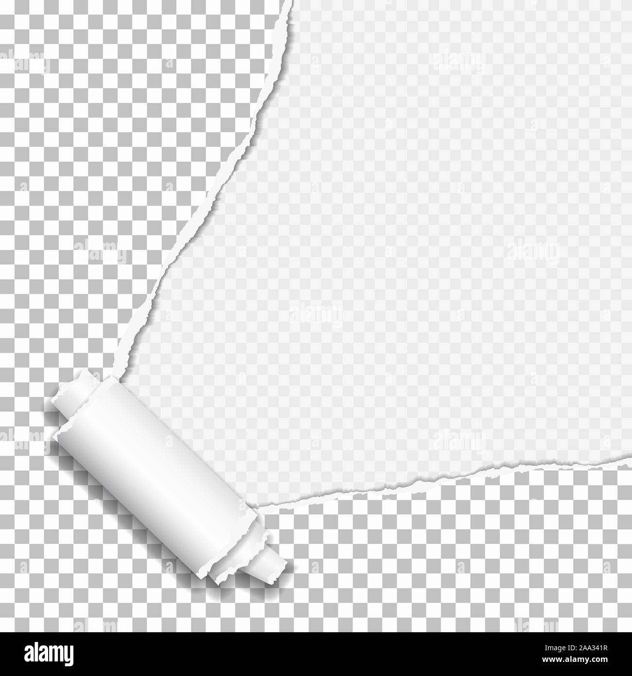 Rolled and ripped white notebook paper sheet is on squared background ...