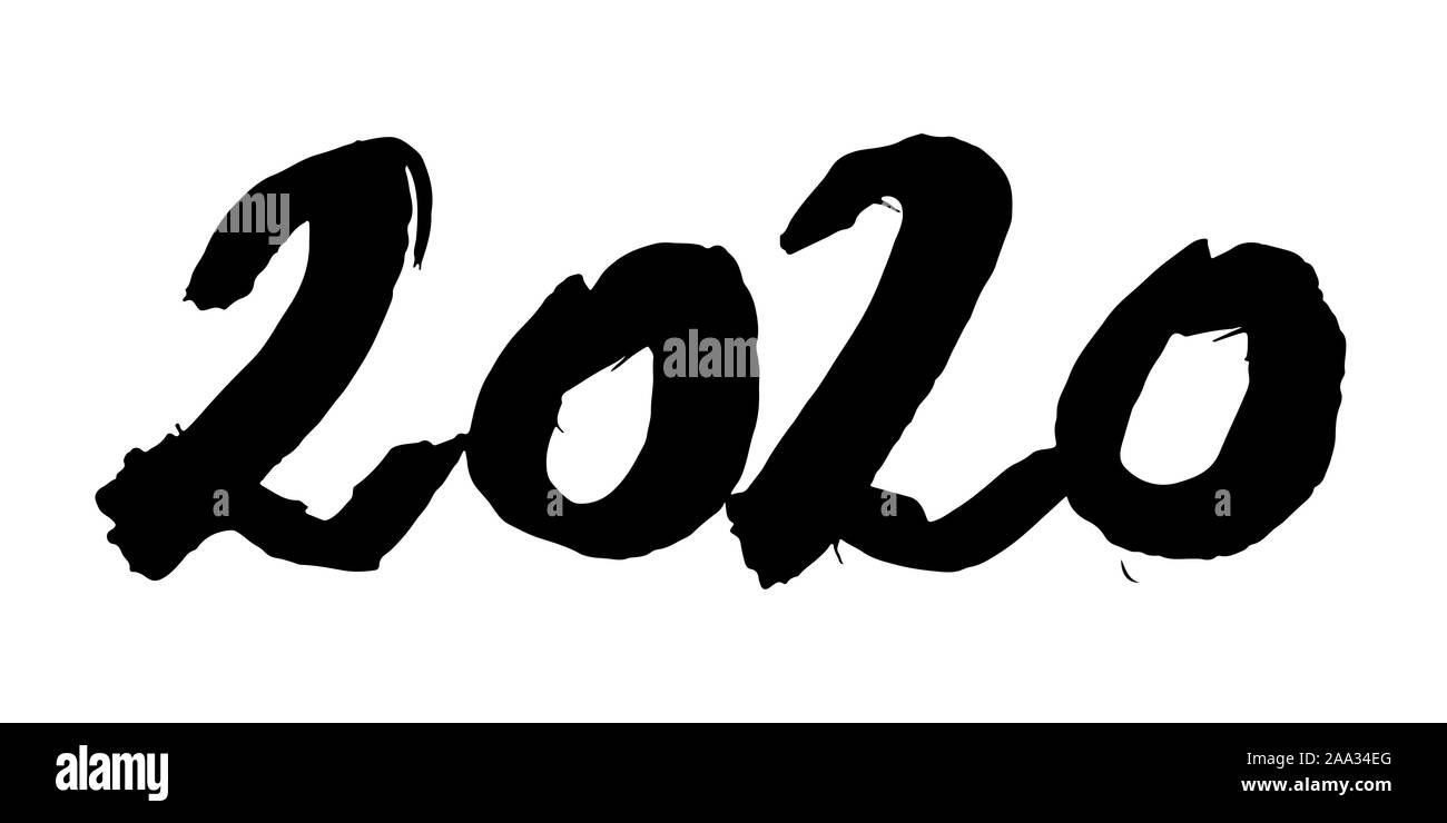 Handmade lettering "2020" vector ink drawing, sumi-e style. Symbol of ...